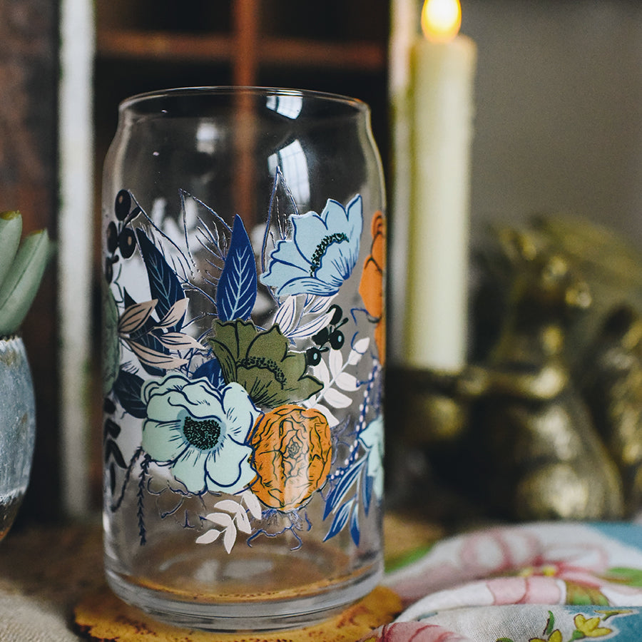 Slow Stroll Florals Glass Can (Blues) - Fancy That Design House & Co.